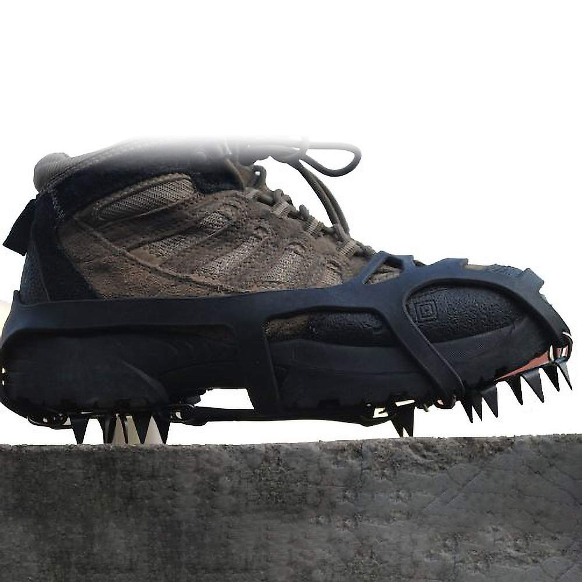 AkoMatial 18 Teeth Anti-Slip Ice Snow Grips Shoe Boot Ice Traction Cleats Spikes Teeth Claws Crampons for Outdoor Hiking Fishing Travelling Climbing Hunting Black M
