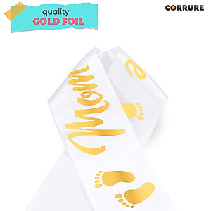 CORRURE Baby Shower Sash for Boy or Girl - 'Mom to Be' Sash With Beautiful White Ribbon and Gold Foil Text - Ideal Gender Reveal, Baby Shower, Welcome Baby, Mom to Be or Baby Sprinkle Gift