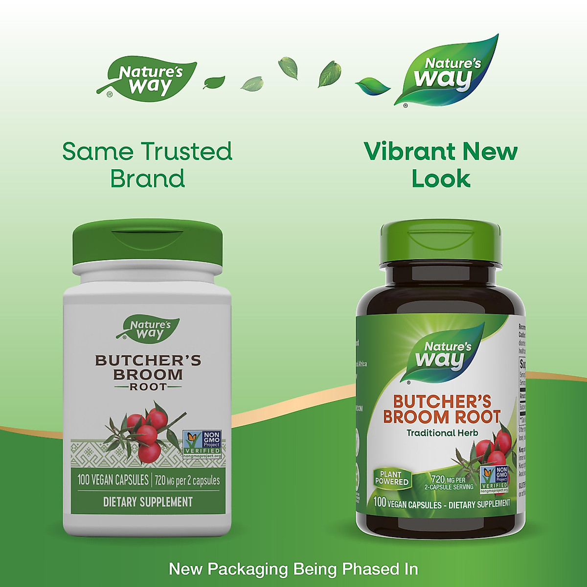 Nature's Way Butcher’s Broom, Traditional Herb, 720 mg per 2-Capsule Serving, Non-GMO Project Verified, 100 Vegan Capsules (Packaging May Vary)