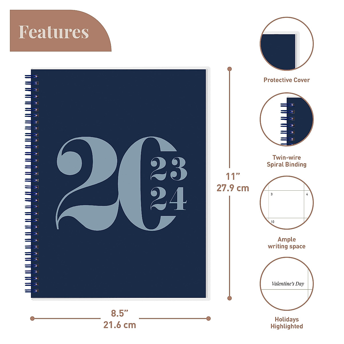 Rileys Planner 2024-2025 18-Month Academic Weekly Planner - Typographic Weekly & Monthly Agenda Planner, Flexible Cover, Notes Pages, Twin-Wire Binding (8 x 11 inch, Pink)