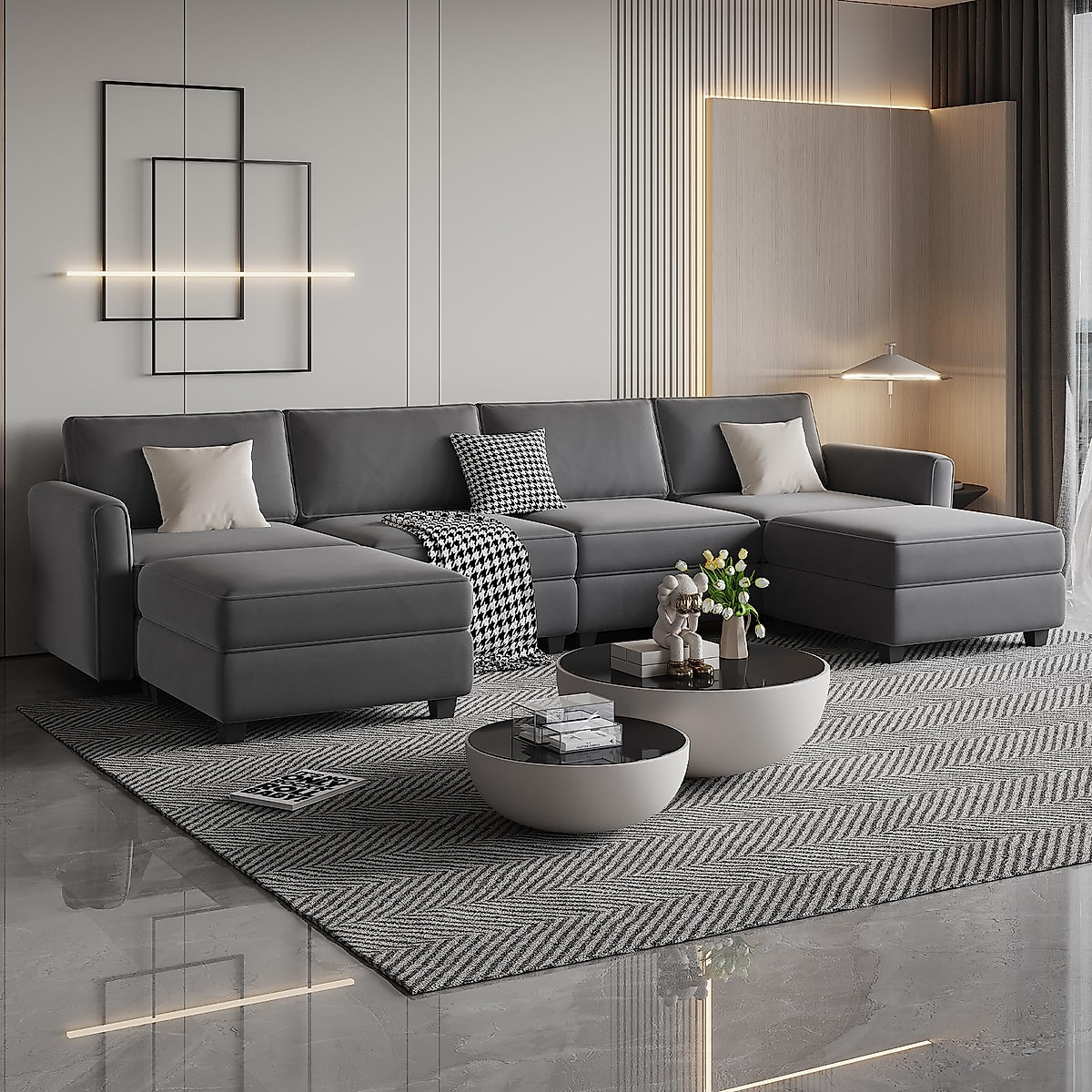 Modular Sectional Sofa U Shaped Sectional Couch with Reversible Chaise, Sleeper Velvet Modular Couch with Storage Seat for Living Room Furniture Sets Grey