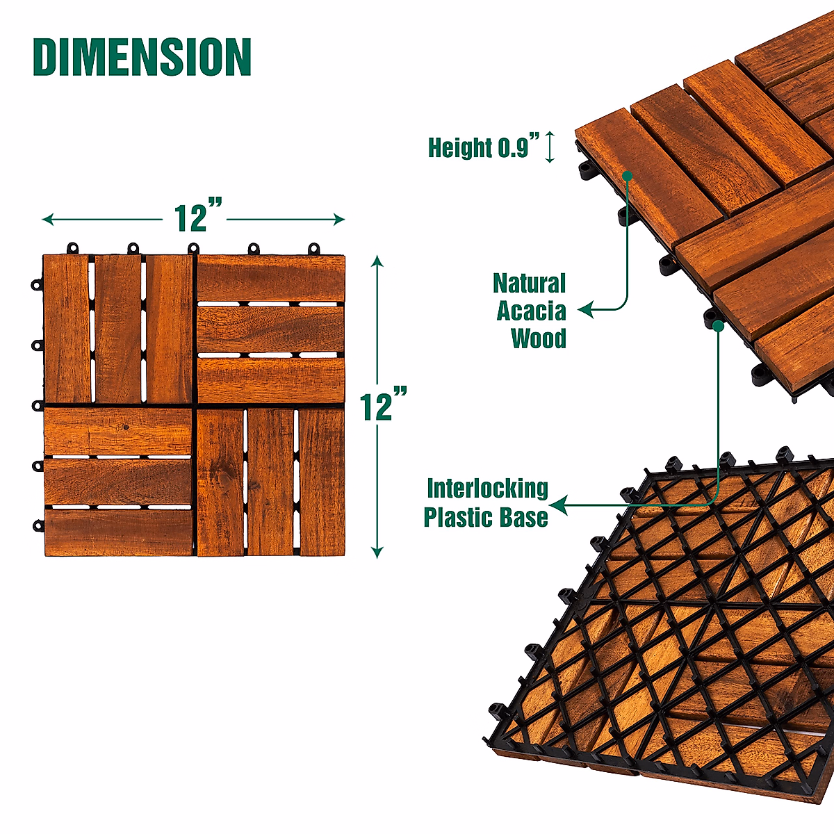 YAMAZING 12'x12' Solid Wood Interlocking Flooring - Acacia Hardwood Deck Tiles (Pack of 9), Indoor & Outdoor Use, Waterproof All Weather (9 Sq Ft)