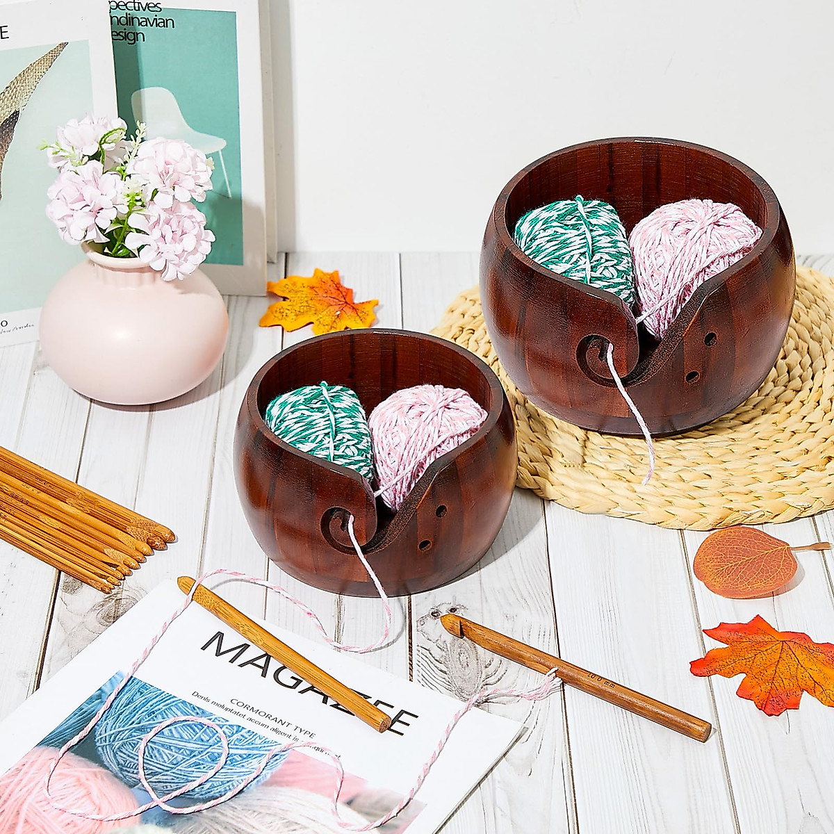 2 Sets Wooden Yarn Bowl Crochet Bowl Bamboo Handmade Knitting Wool Storage Round Rosewood Yarn Bowl with Holes 12 Pieces Crochet Hooks for Knitting Crocheting DIY Arts Crafts Tools Supplies