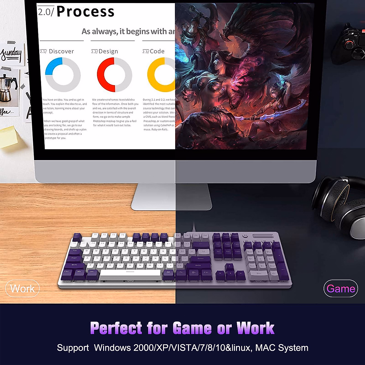 Mechanical Gaming Keyboard Hot Swappable with Multi Monochromatic Backlight 104Key Anti-ghosting Ergonomic Metal Plate Multimedia Key USB Wired for PC Mac Gamer Office Typist(Purple White/Blue Switch)