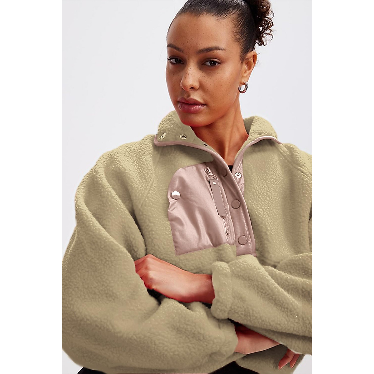 Womens Oversized Sweatshirt Sherpa Sweatshirts Fuzzy Fleece Pullover Fluffy Outerwear with Pockets Camel S