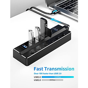 6-Port USB 3.0 Hub, LURMMUE USB Splitter for Laptop with Individual On/Off Switches and Light, 3ft Long Cord, USB Port Hub Extension for PC and Computer
