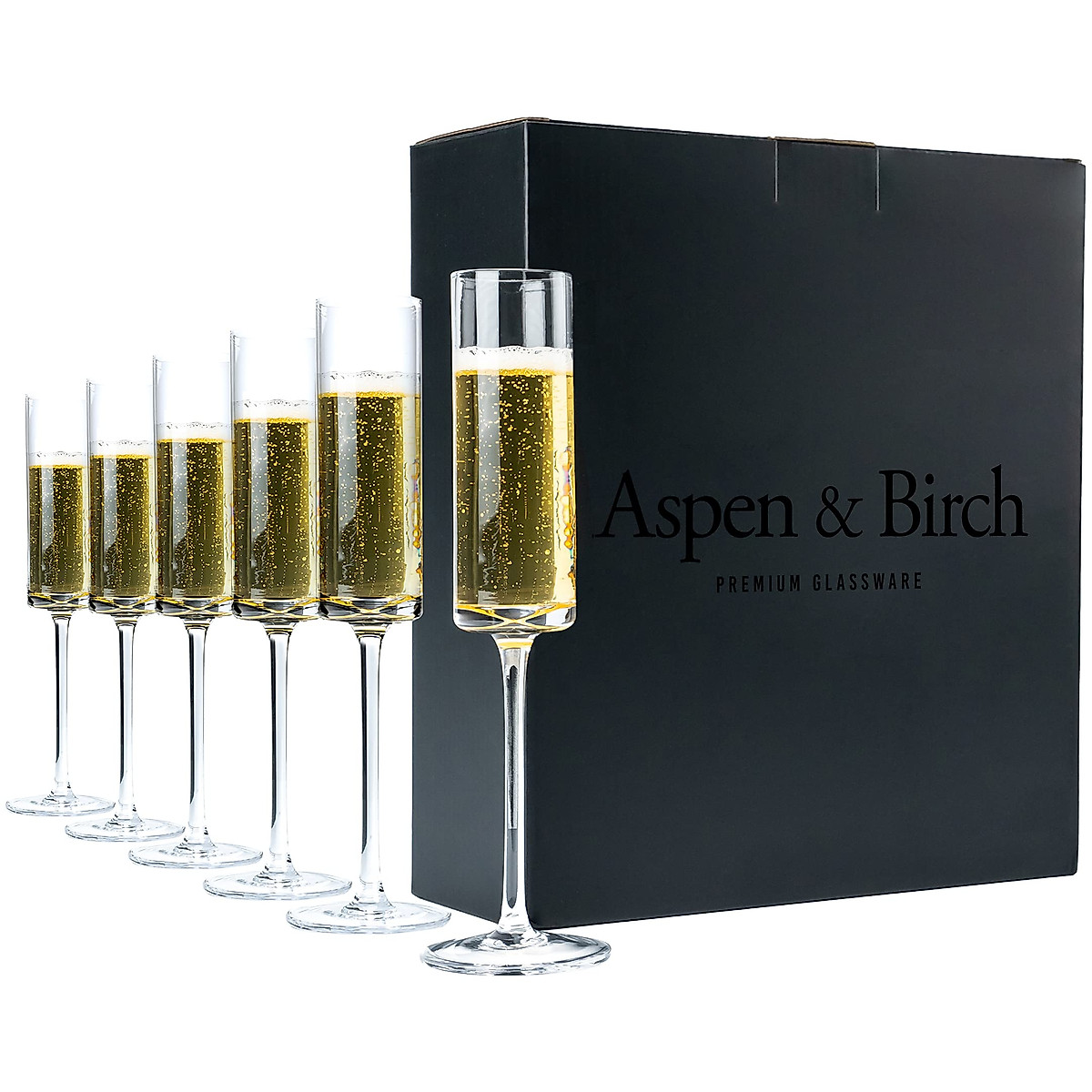 Aspen & Birch - Modern Champagne Flutes Set of 6 - Champagne Glasses - Mimosa Glasses, Crystal Stemware, Clear, 6 oz, Hand Blown Glass Champagne Flutes - Hand Crafted by Artisans