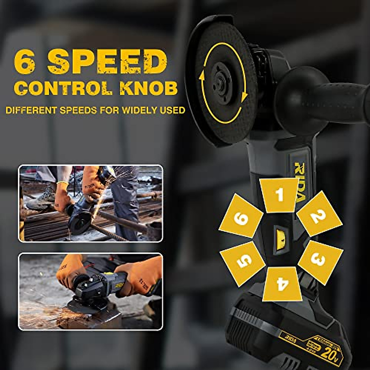 RIDA Cordless Angle Grinder Kit 20V 4 1/2 Inch 10000RPM 6 Speed Options 4.0Ah Battery & Fast Charger, Adjustable Handle Grinder for Cutting and Grinding Stone and Metal with 22Pcs Accessories