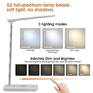 SUNNEST LED Desk Lamp, Adjustable Desk Light with Wireless Charger, USB Charging Port, 3 Color Modes Desk Light for Home Offic, Touch Control Infinitely Dim and Brighten