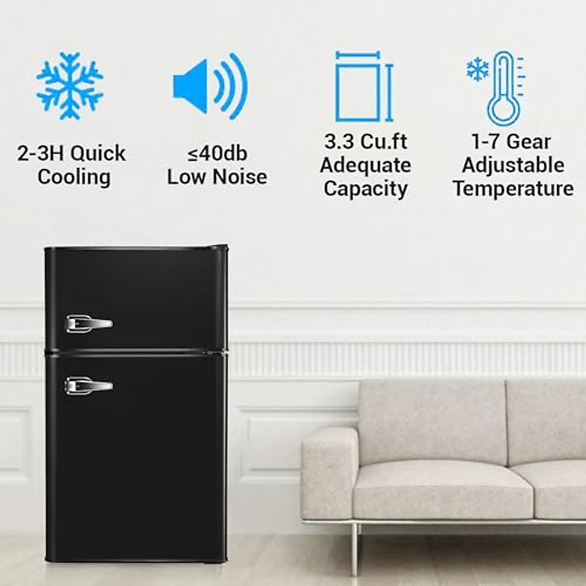 Joy Pebble Small fridge with freezer,3.2 cu.ft compact refrigerator with freezer,Mini Fridge for bedroom, Dorm or Apartment with Adjustable Removable Glass Shelves,Black