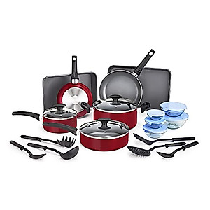 VECELO Dining Table Set with 4 Chairs, Retro Brown & Bella Nonstick Cookware Set - Aluminum Bakeware, Pots and Pans, Storage Bowls & Utensils, Compatible with All Stovetops, 21 Piece, Red