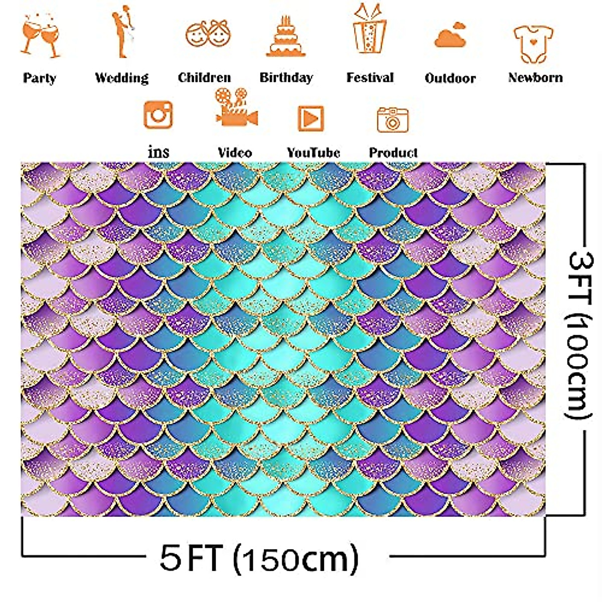 Avezano Mermaid Birthday Backdrop 5x3ft Glitter Mermaid Scales Backdrops Kids Birthday Party Decor Girls Princess Baby Shower Photo Background Purple Aqua Green Shell Backdrop