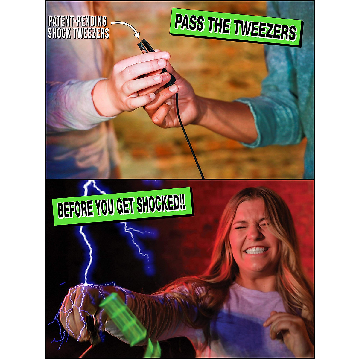 ShiZap! - Illuminated Electric Shock Stacking Block Game, Plastic Tumble Tower Blocks, Shocking Tweezers, LED Base That Plays Suspenseful Music, Family Fun Party Games for Teenage Boys, Girls, Adults