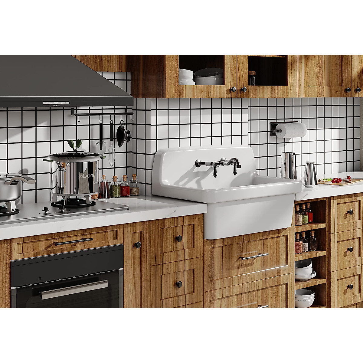 ELLAI 30 Inch White Wall Mount Utility Sink High Back Wall Mounted Ceramic Laundry Tub 15 Gallon Slop Sink for Laundry Room, Garage, Kitchen, Basement 30" x 19" x 18"