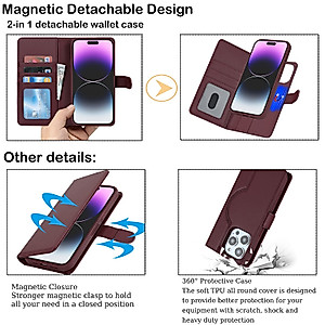 Ｈａｖａｙａ for iPhone 14 pro max Phone case Wallet for Women iPhone 14 pro max Wallet case Magsafe Compatible with Card Holder flip Folio Detachable Magnetic Leather Phone Cover-Wine Red