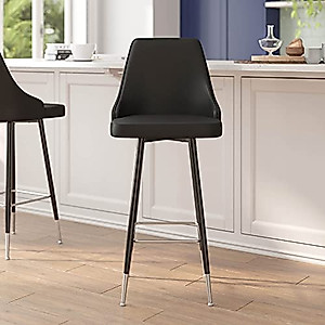 Flash Furniture Shelly Set of 2 Commercial Bar Height Bar Stools - Black LeatherSoft Upholstery - Black Metal Frames - 30" High - Chrome Feet and Footrests