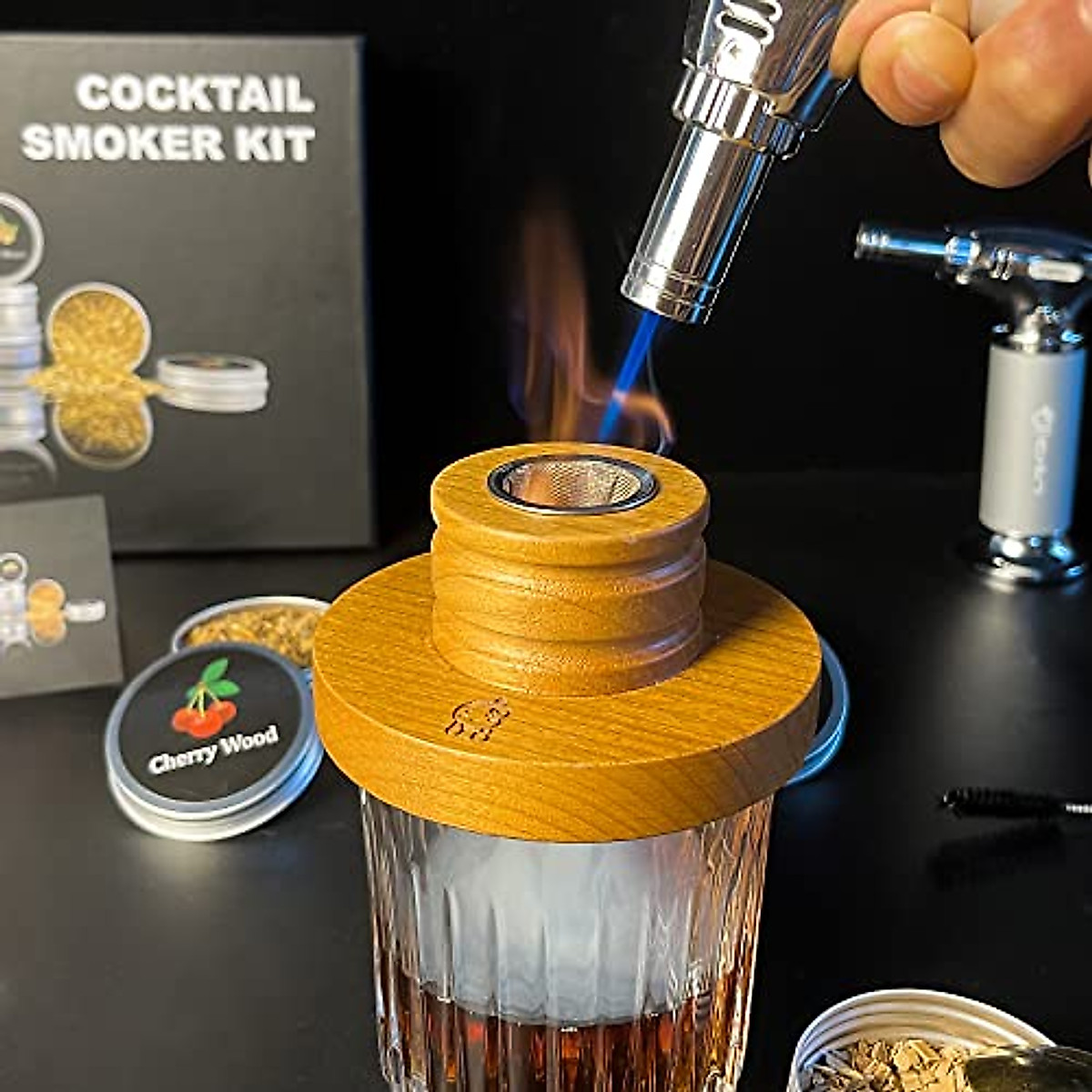 Cocktail Smoker Kit with Torch | Good for Whiskey and Bourbon Flavoring | 4 Flavor Wood Chips (Cherry, Apple, Hickory and Peach) A True Gift Set | for Men, Dads & Husband | (Butane not Included)