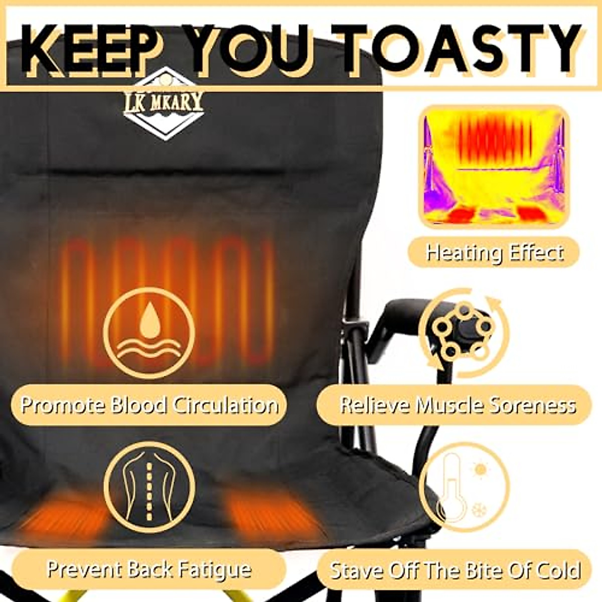 AFANSO Heated Camping Chair, Portable Heated Camp Chair with 20000mAh Battery Pack, Heavy Duty Heated Folding Chair with 3 Heating Levels for Outdoor, Lawn, Ice Fishing, Soccer, Football Chair