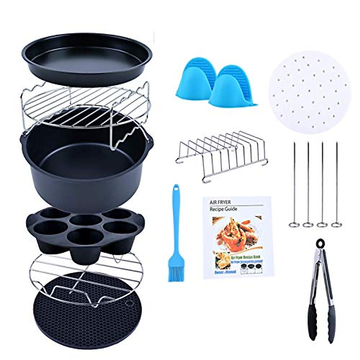 Air Fryer Accessories, Set of 12 Fit for 5.3Qt and Larger Air Fryer with Cake & Pizza Pan, Metal Holder, Skewer Rack & Skewers, etc, Nonstick Coating, Dishwasher Safe