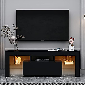 Rayblow 55" Flat Screens Entertainment Center High Glossy TV Stand for Living Room Modern Media TV Console Cabinet with LED Light & Storage Drawers Unit, Black
