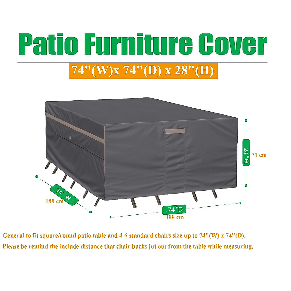 Garden Balsam Heavy Duty Waterproof Patio Furniture Covers,Fade Resistant Outdoor Table and Chair Covers Square 74"Wx 74"D x 28"H Dark Grey