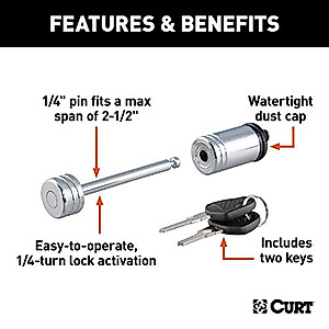 CURT 23522 Chrome Trailer Tongue Coupler Lock, 1/4-Inch Pin Diameter, Up to 2-1/2-Inch Span