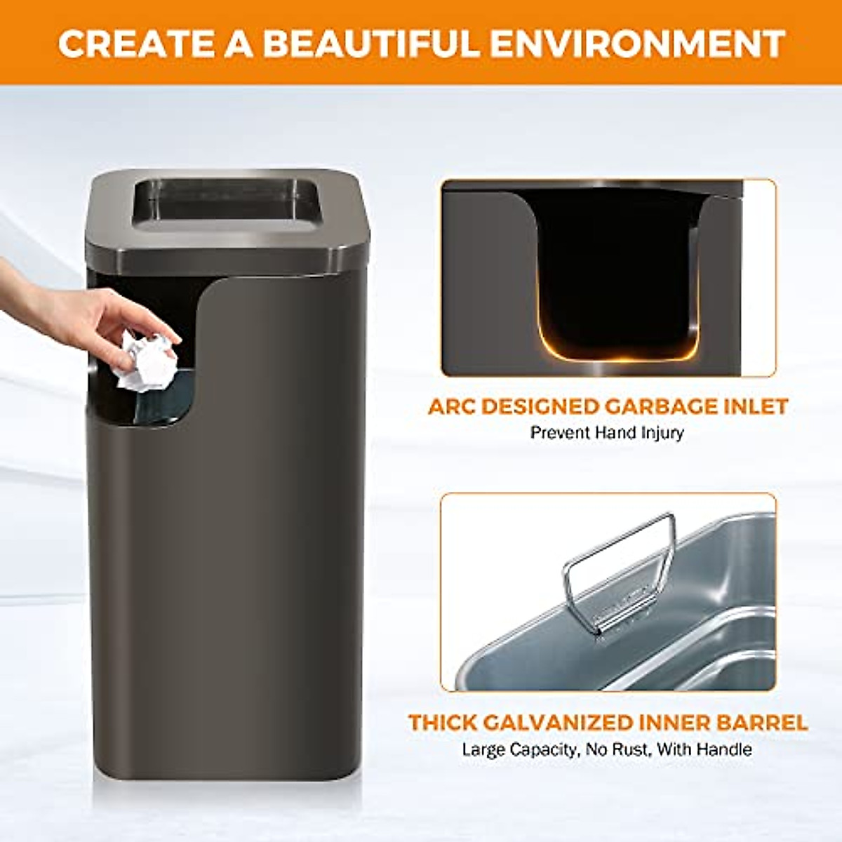 BEAMNOVA Stainless Steel Trash Can with Lid 13Gal Inside Barrel Black Premium Quality Commercial Waste Container Garbage Enclosure for Indoor Hotel Kitchen Home Patio, 30x30x61cm/11.8x11.8x24.0 in