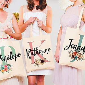 Personalized Wedding Floral Tote Bags Gift for Bridesmaid w/Initial & Name - 8 Design - Customized Canvas Bag for Girls - Custom Beach Shoulder Bag - Maids Bachelorette Party Bridal Shower Gifts C1