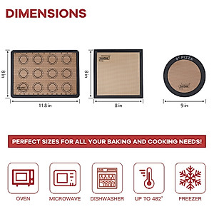 Non-slip Silicone Pastry Mat 3 Set of 1 Quarter + 1 Round & 1 Square Silicone Mats for Baking Mat Food Safe Tray Liner