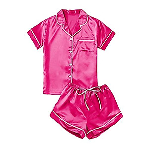 SOLY HUX Women's Short Sleeve Satin Sleepwear Button Down Shirt & Shorts Pajama Set Pink and White S