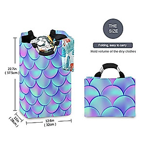 Ollabaky Large Foldable Laundry Hamper Bag with Handles, Mermaid Blue Scales Laundry Basket Box Big Storage Organizer for Family, Dormitory, Washhouse