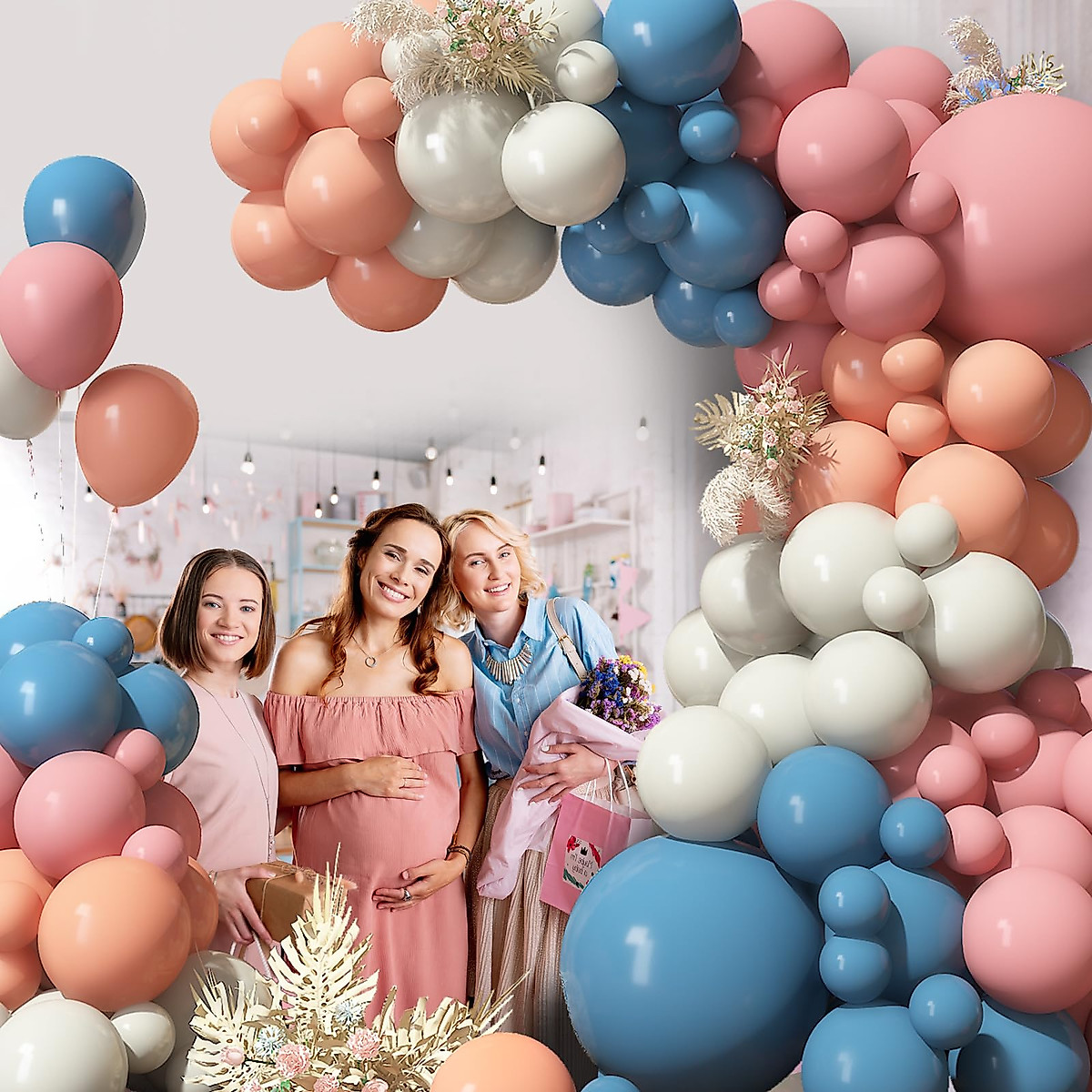 Dusty Pink Blue Balloon Arch Kit, Slate Blue Pink Sand White Balloon Garland Kit, Blush Nude Cream Balloons for Baby Shower Birthday Christening Baptism Boho Bridal Shower Anniversary Party Decoration