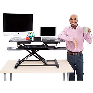 Flexpro Hero 37 Inch Standing Desk | 2 Level Standing Desk Converter with Keyboard Shelf and Monitor Riser | Large Dual Level Sit to Stand Workspace | Easily Sit or Stand in Seconds! (Black / 37")