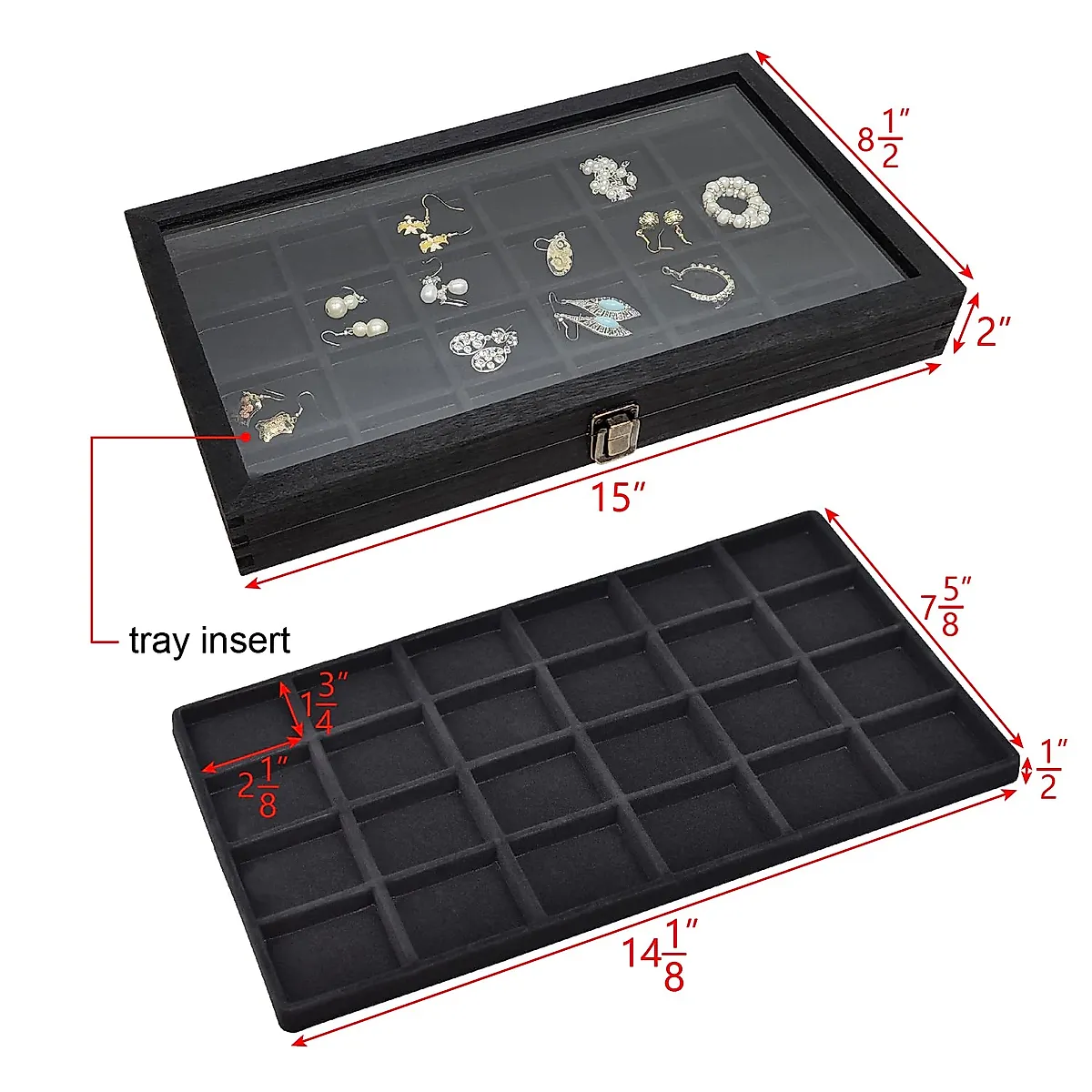 MOOCA Natural Wood Tempered Glass Top Jewelry Display Case Accessories Storage Box with Metal Clasp & Removable 24 Compartment Flocked Tray Liner, Wooden Jewelry Tray for Collectibles, Black