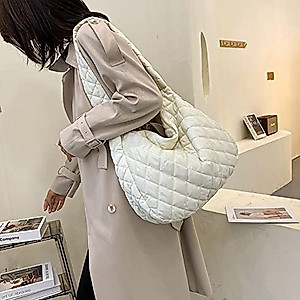 Women Shoulder Bag Lattice Pattern Shoulder Bag Large Capacity Tote Bags Space Cotton Quilted Shopper Bag(white)