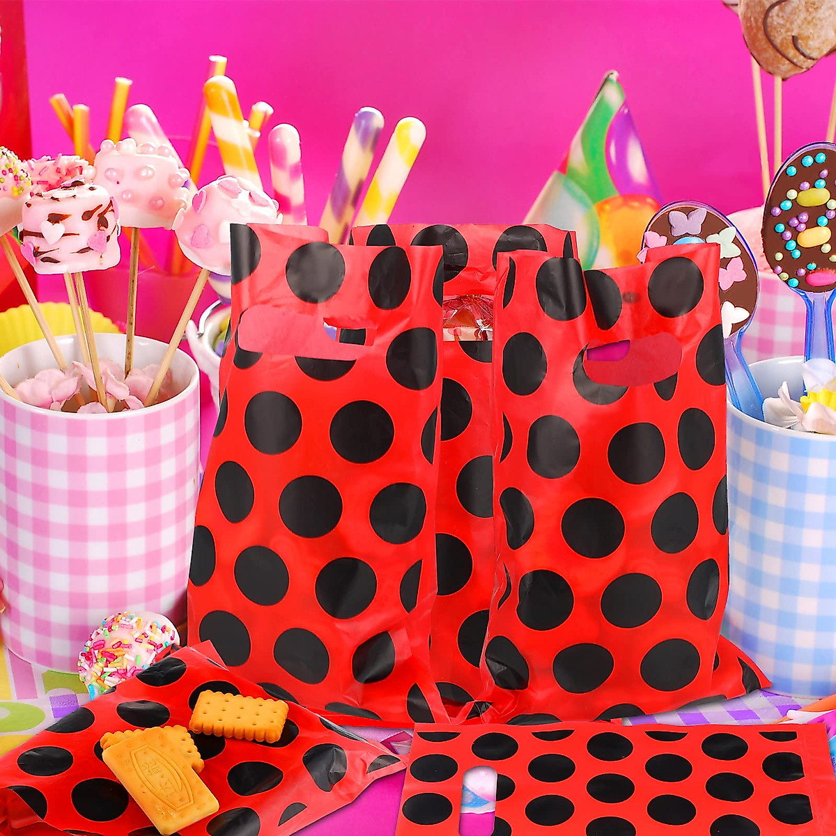 100 Pcs Ladybug Birthday Party Favor Bags Ladybug Plastic Candy Bags Ladybug Red Black Polka Dot Gift Bags Ladybug Party Supplies for Ladybug Theme Party Wedding Birthday Party Baby Shower Decorations