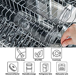 Cafezi 24oz Mason Jar Drinking Glasses with Bamboo Lids and Straws 2 Pack，Reusable Boba Cup Smoothie Tumbler Glass Bubble Tea Cup，Iced Coffee Cup，BPA Free, Dishwasher Safe