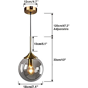 KCO Lighting Modern 1-Light Globe Pendant Light Mid Century Large Single Smoke Glass Hanging Light Brushed Brass Adjustable Pendant Light Fixture for Living Room Kitchen Island (Smoke Gray)