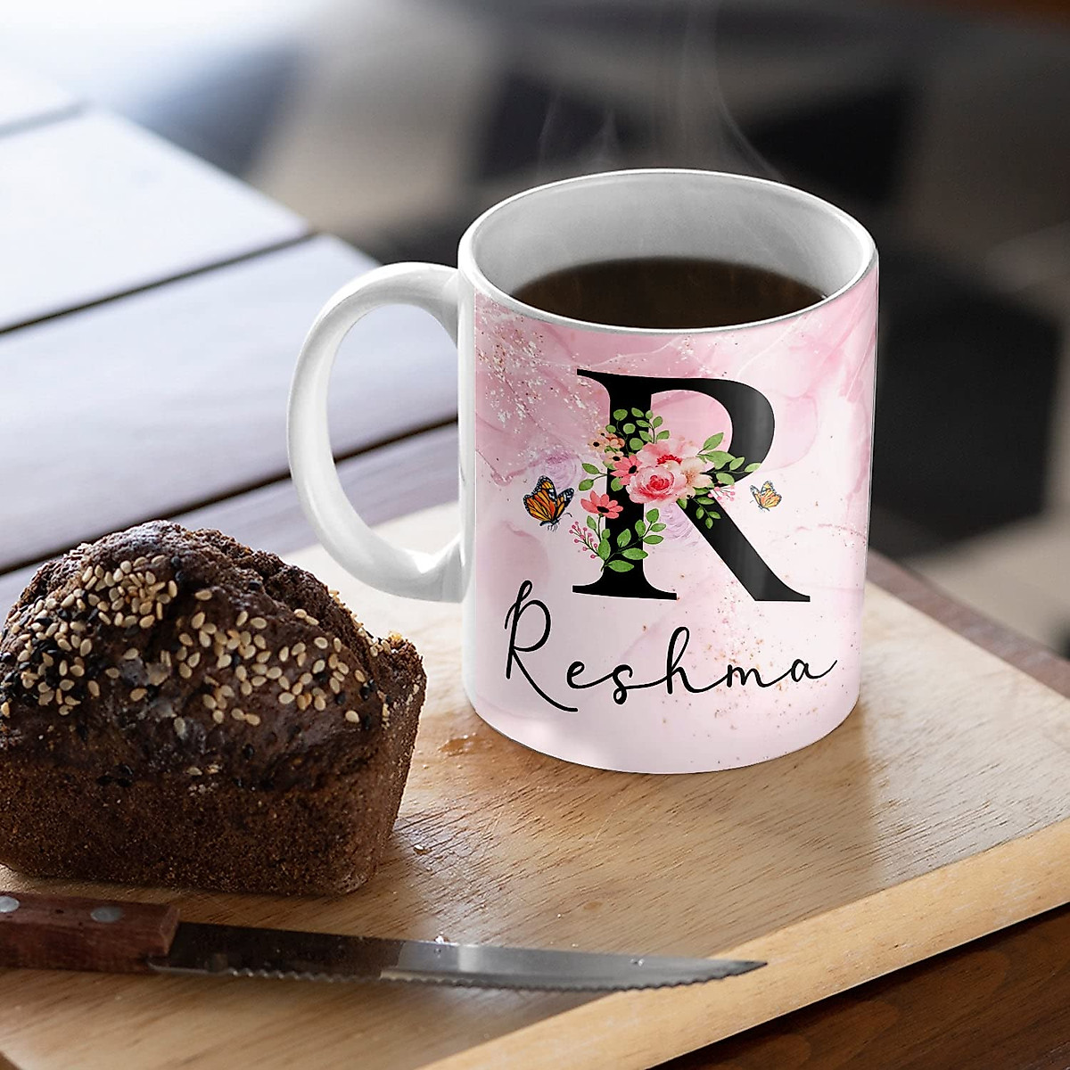 Personalized Name & Initial Monogram Floral Pink Pattern Alphabet White Coffee Mug Cup, Initial Monogram Travel Mug Gift For Women