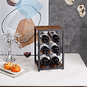 IBUYKE Rustic Wood 6 Bottles Wine Rack for Countertop,3 Tier Free Standing Wine Rack,Wine Bottle Holder Stand Organizer for Home Decor Bar,Cabinet, Pantry,Countertop TMJ901H