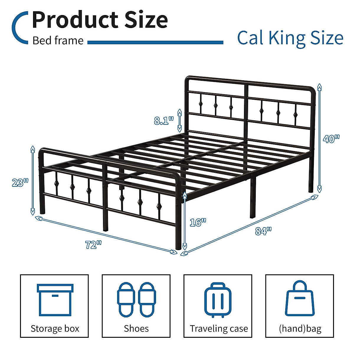 DiaOutro Metal Platform California King Bed Frames with Headboard and Footboard, 16 Inch No Box Spring Needed Heavy Duty Victorian Style Iron-Art Mattress Foundation/Maximum Storage Matte Black DA16