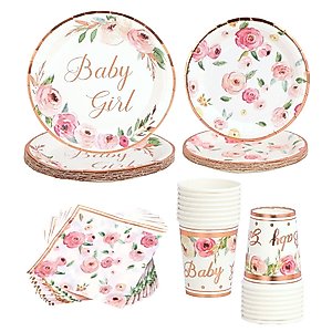 Rose Gold Baby Shower Plates and Napkins Girl - Serves 16 - Floral Baby Shower Decorations for Girl Baby Shower Favor Decor Party Supplies