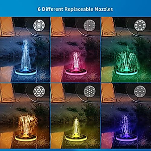Solar Fountain Pump for Bird Bath Solar Water Fountains with Color LED Lights and Battery 6 Nozzles for Garden Birdbath Pond Pool Fish Tank Outdoor (1 Pack)