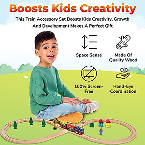 On Track USA Wooden Train Set 35 Piece All in One Wooden Toy Train Tracks Set with Magnetic Trains and Railway Accessories, Comes in A Clear Container, Compatible with All Major Brands