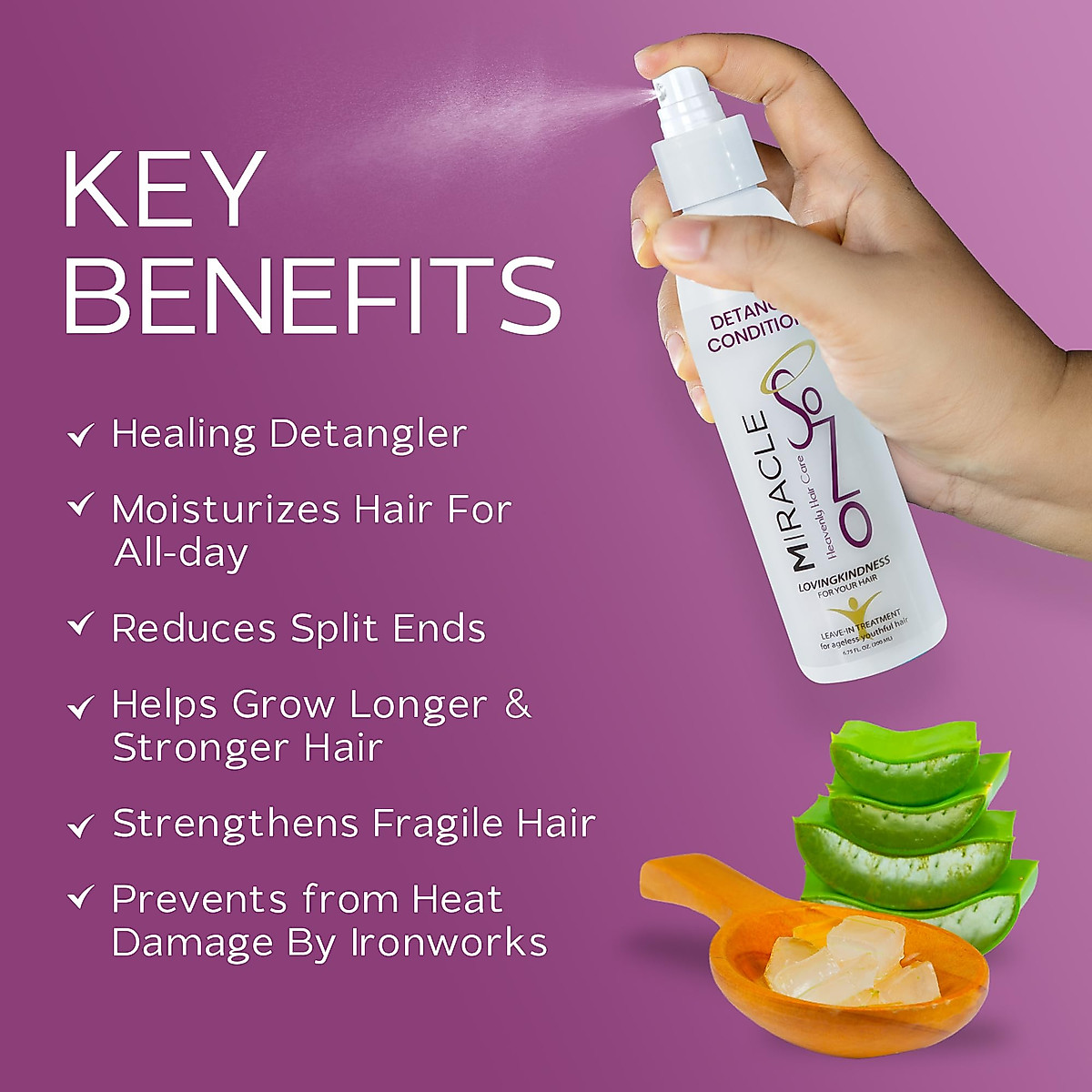 SoZo Miracle Anti-Frizz Leave-in Conditioner Spray for Dry Damaged Hair for Women - Hair Detangler and Heat Protectant Spray with Aloe Vera - 6.75 Oz