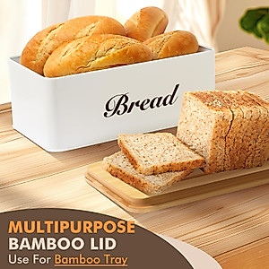 ALPIRIRAL Bread Box with Bread Slicer, White Bread Storage Container for Kitchen Countertop with Multifunction Bamboo Lid, 3 in 1 Breadbox for Loaf Slicing & Tray, Bread Bin Holder for Kitchen Counter