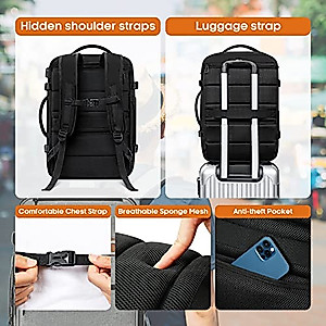 POWAITER Travel Backpack for Women Men, Large Expandable Carry on Backpack Flight Approved with 4 Packing Cubes & Luggage Tag-Black