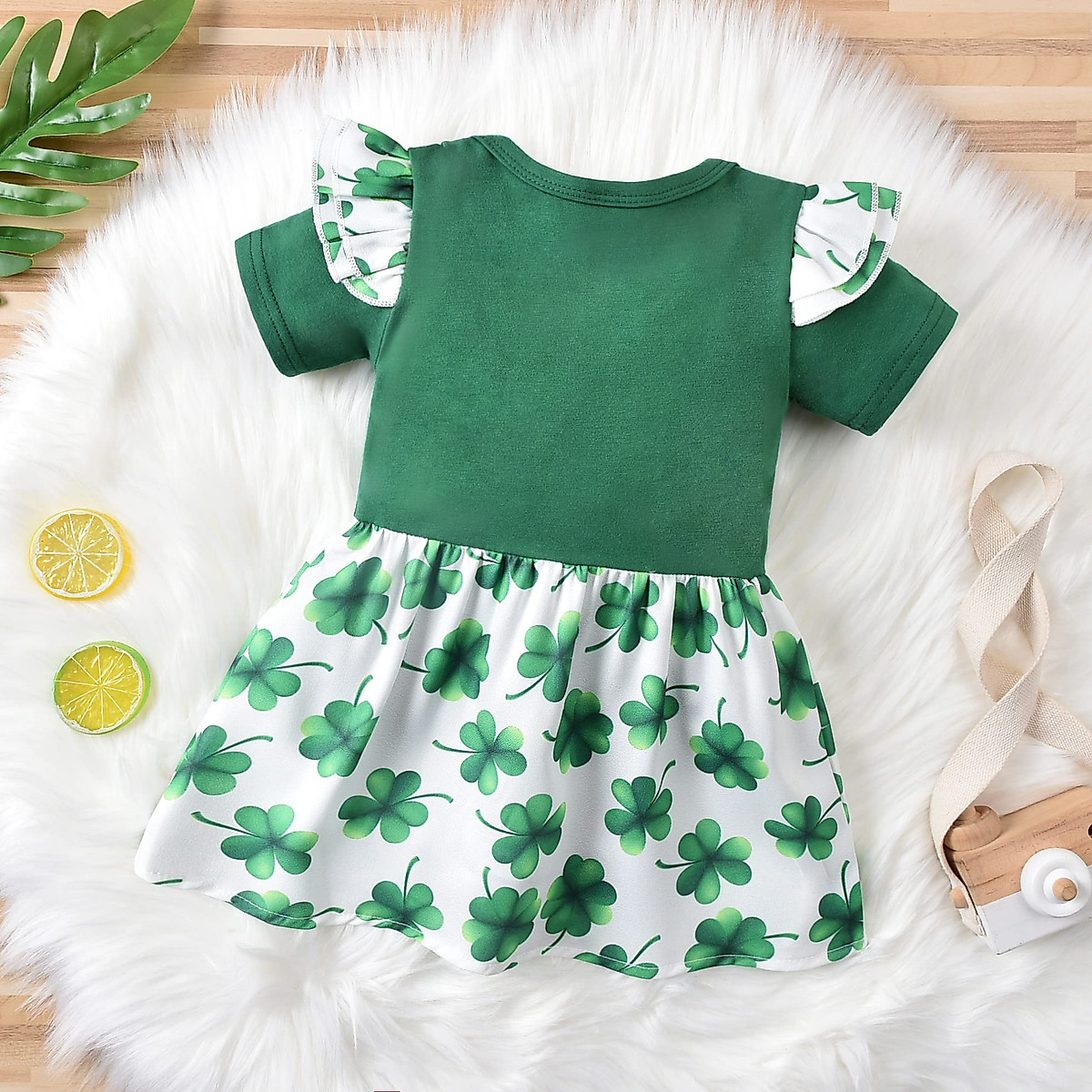 Noubeau Baby Girl St. Patrick's Day Outfits Short Sleeve Lucky Gal Print Romper+Clover Ruffle Shorts Bloomers Summer Clothes (Green Letter, 3-6 Months)