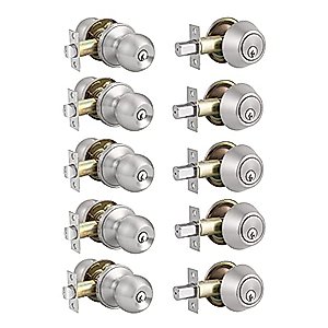 Knobonly All Keyed Same, Front Door Handleset with Single Cylinder Deadbolt in Satin Nickel Finish, Keyed Alike for Every Set, 5 Pack
