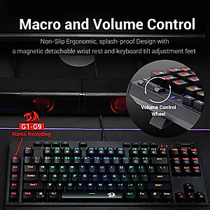 Redragon K588 RGB Backlit Mechanical Gaming Keyboard with Programmable Keys Macro Recording Optical Blue Switches Tenkeyless with Detachable Palm Rest & USB-C USB for Windows PC